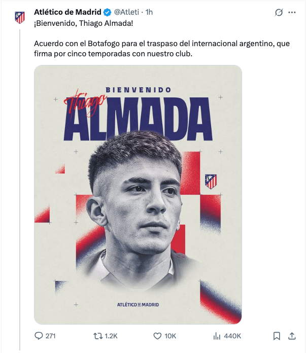 ¡OFICIAL! Thiago Almada es nuevo jugador del Atlético de Madrid